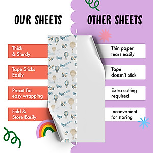 Airplanes Wrapping Paper for Boys - 6 Sheets of Retro Gift Wrap for Him - Hot Air Balloons - Pastel Blue - Planes - Birthday - Bridal Shower - Christmas - For Kids Children - Made in the UK