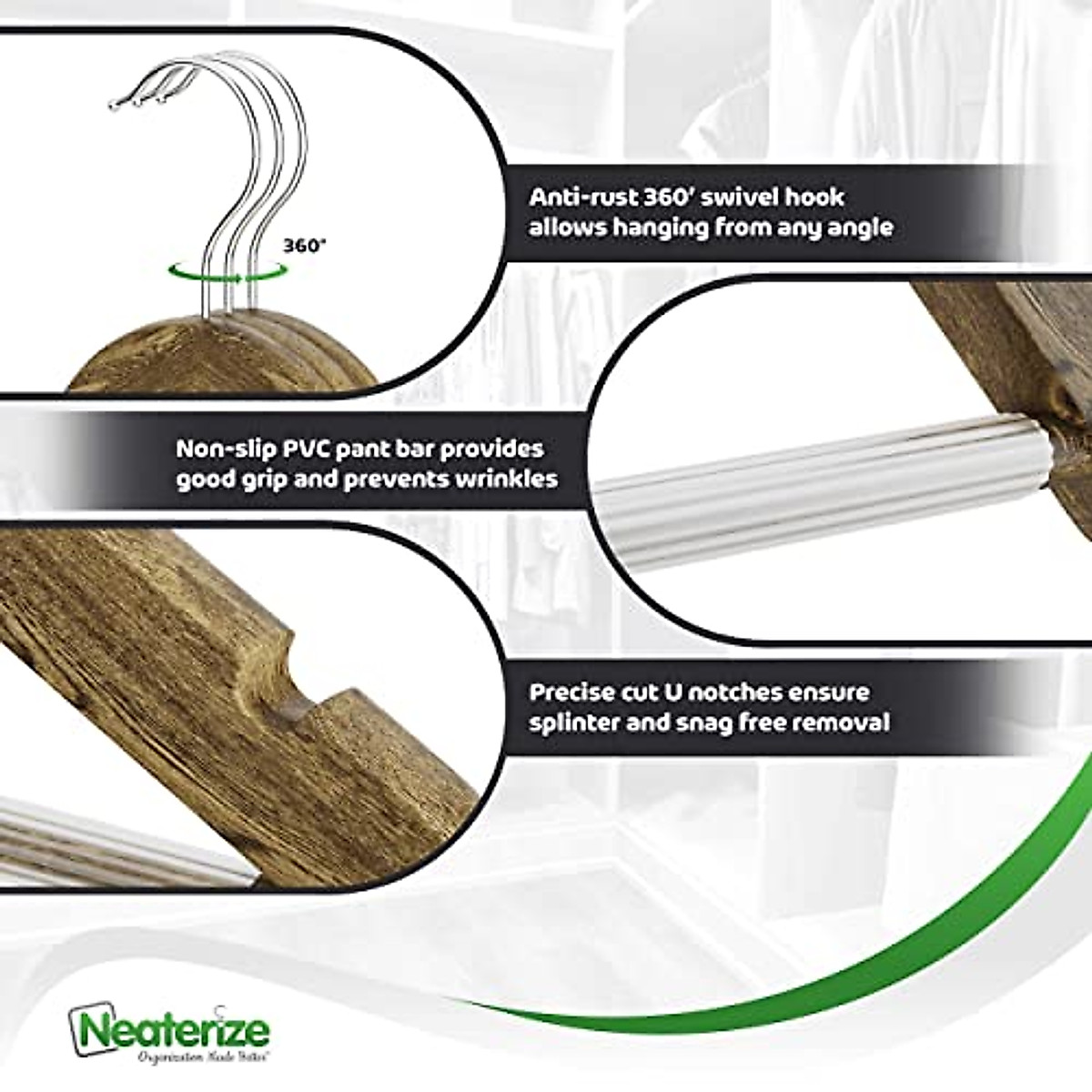 Wooden Hangers for Clothes - Heavy Duty Non-Slip Pants Bar & 360 Swivel Hook |Ganchos De Ropa | Great for Suits, Coats, Clothing [20-Pack - Vintage]