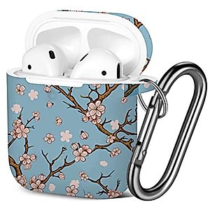 [ Compatible with AirPods 2 and 1 ] Shockproof Soft TPU Gel Case Cover with Keychain Carabiner for Apple AirPods (Cherry Blossom Sakura)