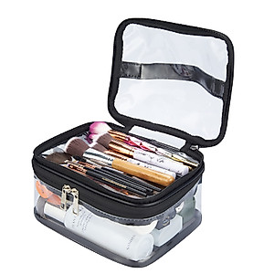 HAOGUAGUA Double Layer Clear Cosmetic Bag Makeup Bag, Waterproof Travel Toiletry Bag, Transparent PVC Hair & Nail Accessories Pouch Beach Bag Organizer (Black)