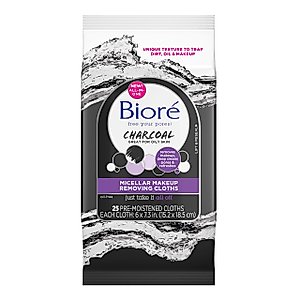 Bioré Charcoal Makeup Removing Cloths, with Micellar Cleansing Water, No-rinse Makeup and Oil Removal, for Oily Skin, 25 Count