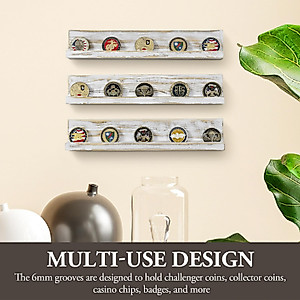 MyGift Wall Mounted White Washed Solid Wood Challenge Coin Holder, Casino Chip Collectors Display Rack, Single Row Military Coins Collection Shelf, Set of 3