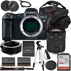 Canon EOS R Full Frame Mirrorless Camera with RF 24-105mm Lens Bundle + EOS R Mount Adapter + 64GB Ultra High Speed Memory Card + Accessories Including Extra Battery, Case and Tripod (Renewed)