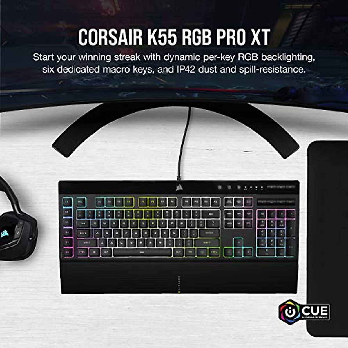 Corsair K55 RGB PRO XT - Dynamic Per-Key RGB Backlighting - Six Macro Keys with Elgato Stream Deck Software Integration-IP42 Dust and Spill-Resistant-Detachable Palm Rest-Media and Volume Keys-Black