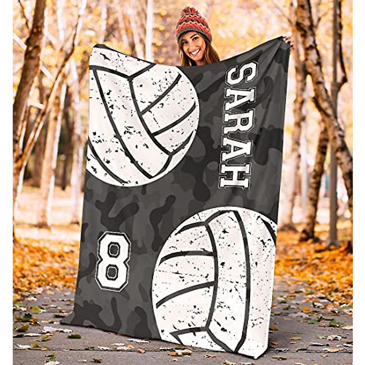 Custom Gift for Black Camo Pattern Volleyball Ball Personalized Name Number Premium Quality Sherpa Fleece Throw Blanket 3D Printed Warm Fluffy Cozy Soft Tv Bed Couch Comfy Microfiber Velvet Plush