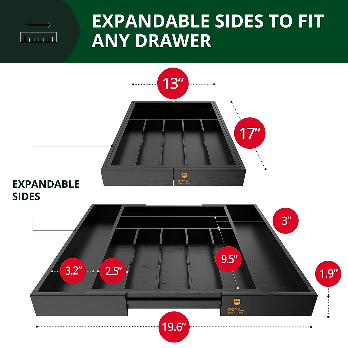 ROYAL CRAFT WOOD Luxury Bamboo Kitchen Drawer Organizer - Silverware Organizer - Utensil Holder and Cutlery Tray with Grooved Drawer Dividers for Flatware and Kitchen Utensils (9 Slot, Brown)