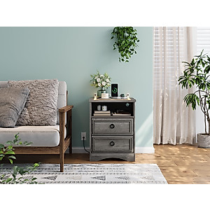 Nightstand with Strip Lights,USB Outlets Set of 2, Night Stand with Drawers, Accent Bed Side Table and End Table with Open Storage for Bedroom, Living Room,Gray