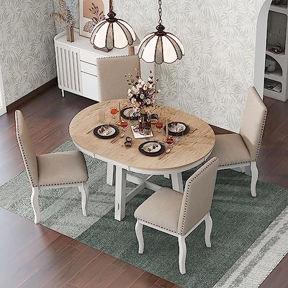 WOZNLA 5-Piece Kitchen Dining Table Set - Round Wood Table and 4 Classic Style Chairs - Perfect for Family Gatherings