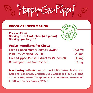 Okoa Pet "Happy-Go-Puppy Mobility Chews - Hemp Dog Treats for Hip & Joint Pain Relief - Vet Formulated, Natural Supplement with Green Lipped Mussel & Roe Oil, Reduces Inflammation - Made in The USA