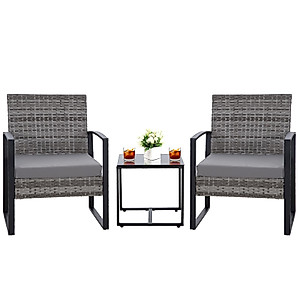 HYDRAGARDEN 3PCS Patio Furniture Set, Outdoor Wicker Bistro Conversation Set with Padded Cushions & Glass Table, Garden Rattan Chair Set for Porch Balcony Backyard (Plus Grey Wicker & Grey Cushions)