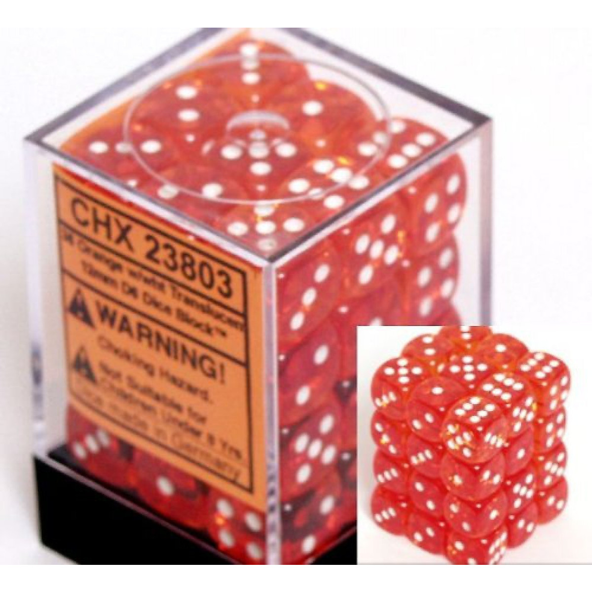 Chessex Dice d6 Sets: Orange with White Translucent - 12mm Six Sided Die (36) Block of Dice