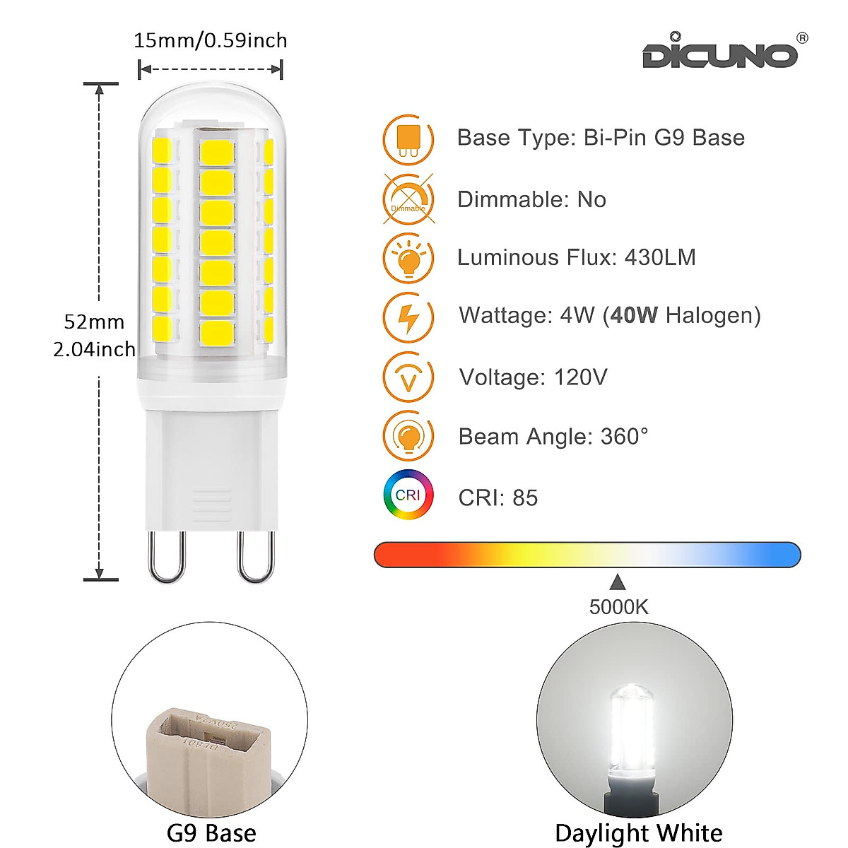 DiCUNO G9 LED Bulb Daylight White 5000K, 4W 40W Halogen Equivalent, Chandelier Light Bulbs T4 G9 Bi Pin Base, Non-dimmable 430LM Replacement for Bathroom Vanity Lights, Pendant Lighting, Pack of 6