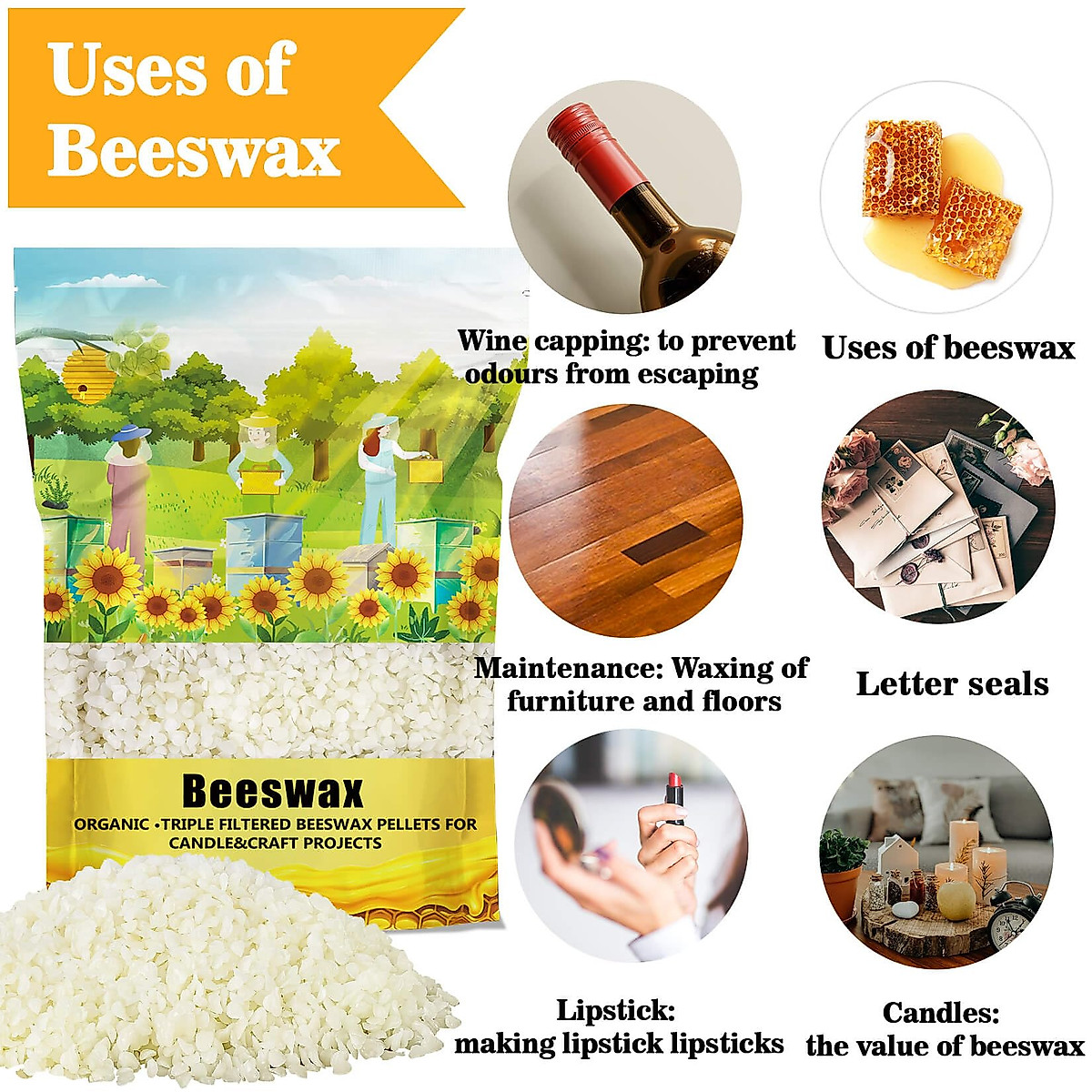 CARGEN Natural Beeswax Pellets - 428g White Beeswax Pastilles Pure Bulk Bees Wax Pellets for DIY Beewax Making Candles Skin Care Lip Balm Soap Lotion