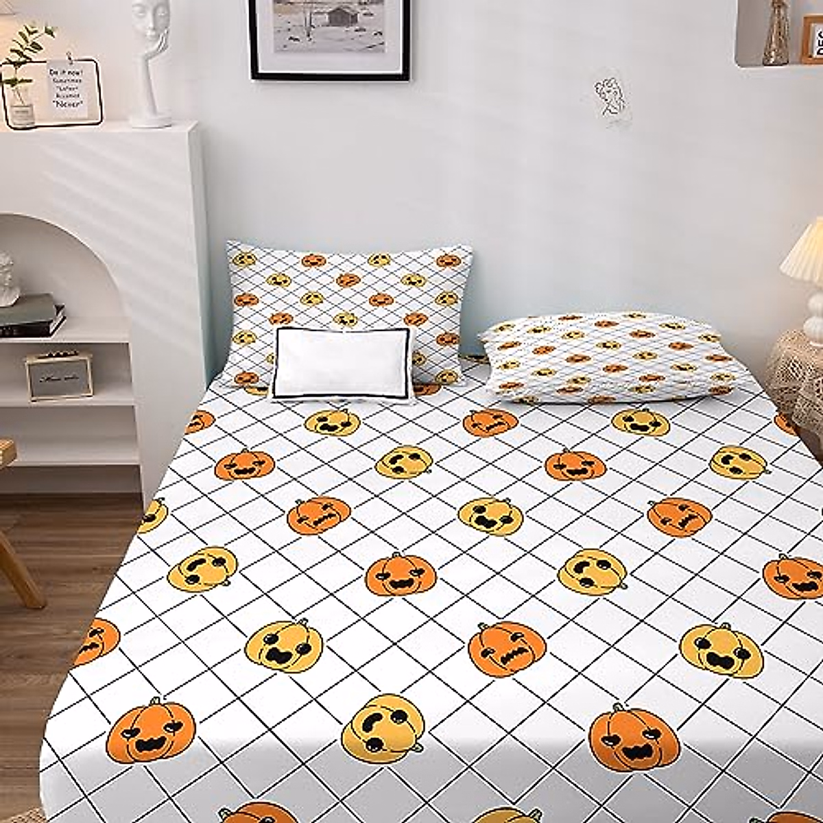 Halloween Sheets Full Size, Pumpkin Geometric Bed Sheets, Patterned Bedding Sheets & Pillowcases 4 Piece Set - Soft Microfiber Deep Pocket Fitted Sheet & Flat Sheet & 2 Pillow Cases M5-&-97