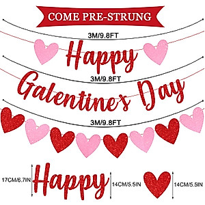JOZON Happy Galentine's Day Banner and Hearts Banner Red Pink Glittery Galentine's Day Banner Garland Galentine's Day Decor for Valentine's Day Ladies Celebrating Party Decorations Supplies