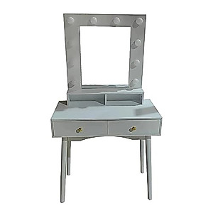 Makeup Vanity Table with Lighted Mirror, White Vanity Set with 10 LED Bulbs, 3 Lighting Modes, 2 Drawers,Bedroom Dressing Table for Women, Girls（White）