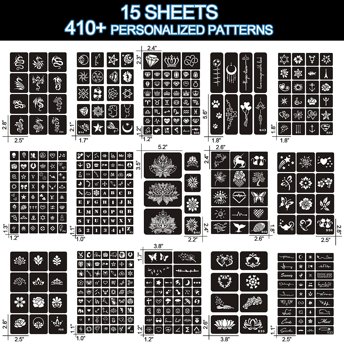 Henna Tattoo Stencils Kit Reusable for Women Girls and Kids, 410+ PCS Tattoo Templates,Temporary Indian Arabian Glitter Airbrush Tattoo Stencil Color 01