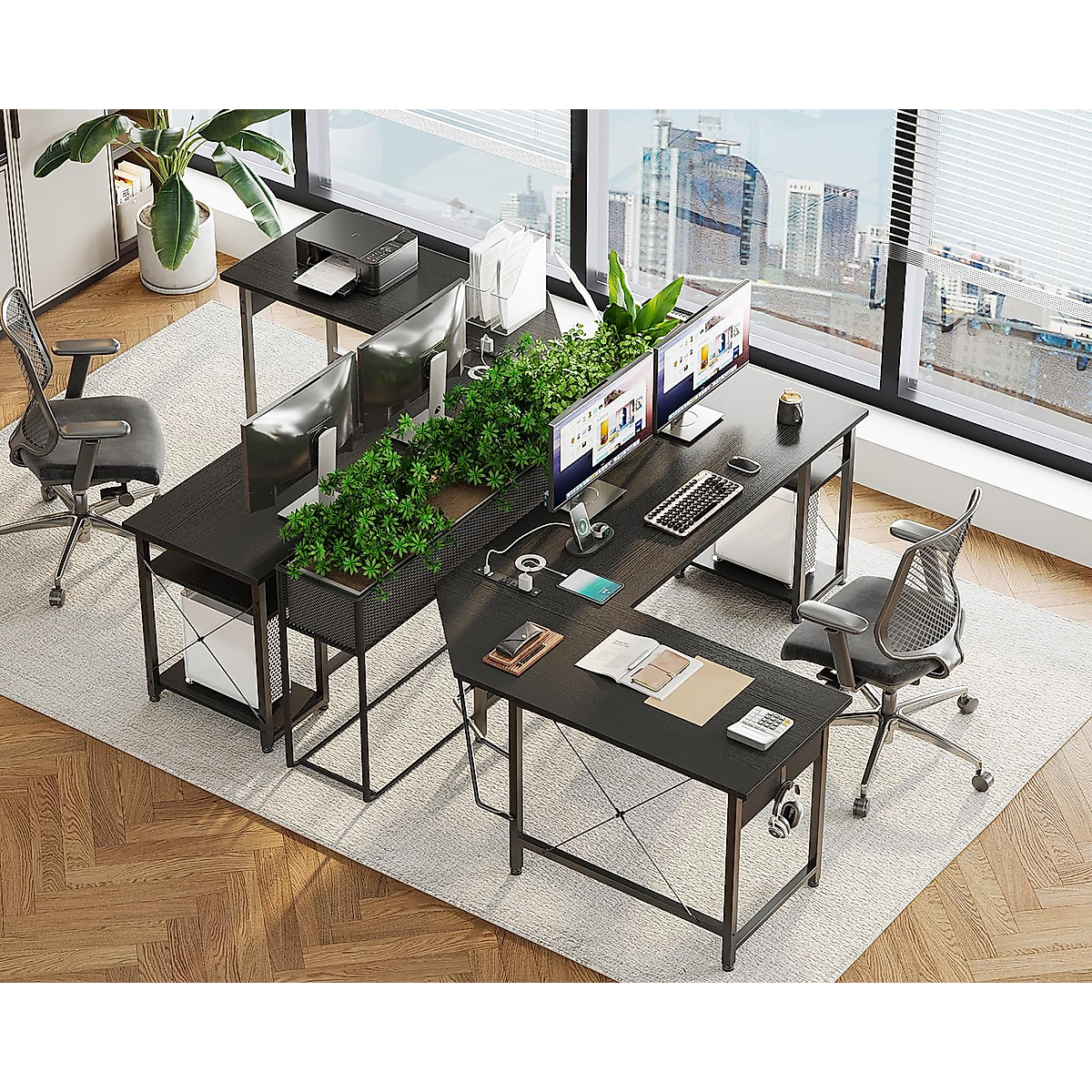 Coleshome L Shaped Computer Desk 66" with Power Outlet & Storage Shelves, Corner Sturdy Writing Desk Workstation, Modern Wooden Office Gaming Desk, Wood & Metal, Black