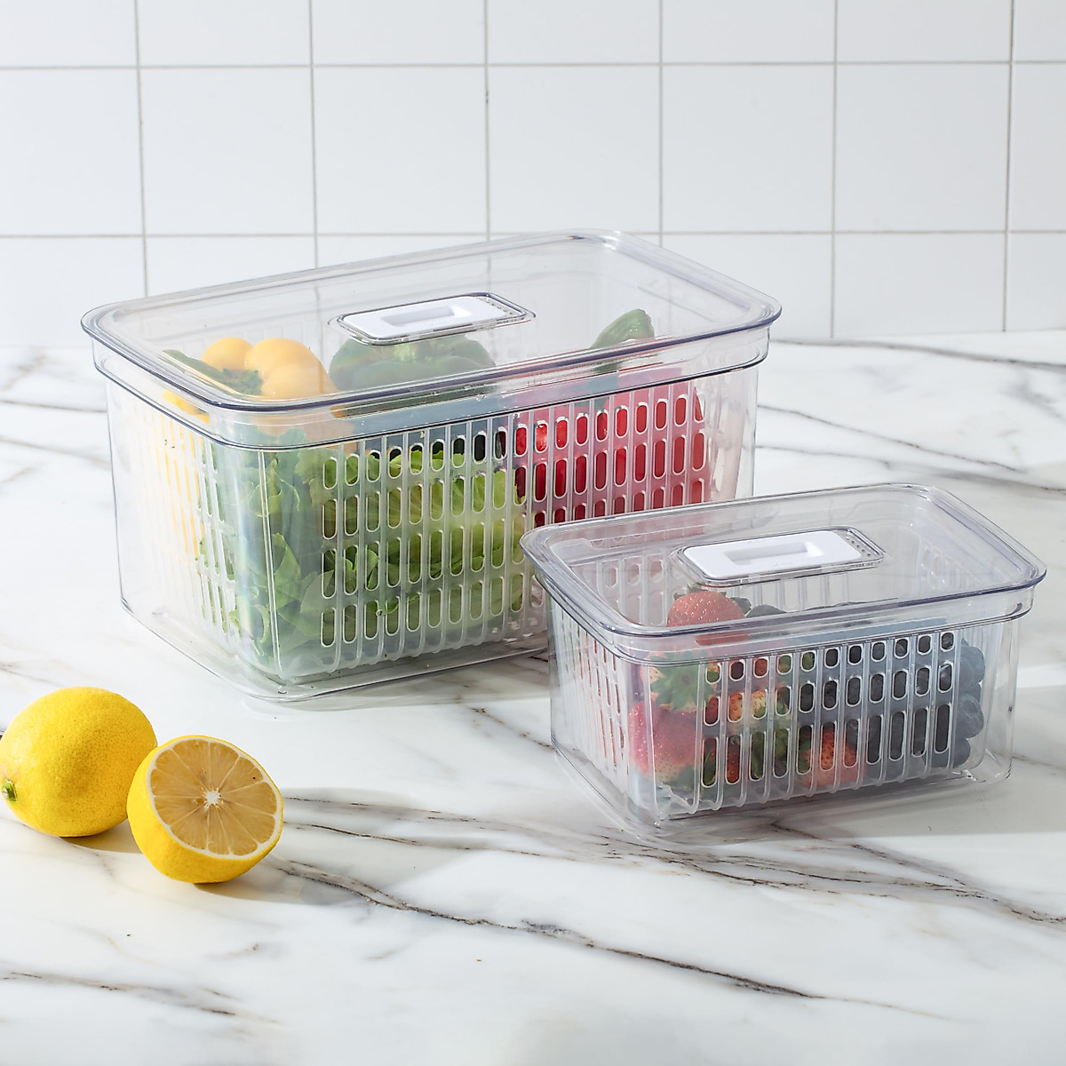 SIMPLEMADE 2 Pack Clear Berry Bins wit Vent - Berry Keeper Container, Fruit Produce Saver Food Storage Containers with Removable Drain Colander