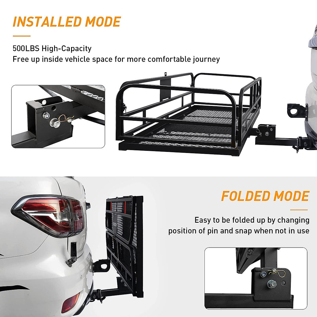 Wildroad Hitch Mount Cargo Carrier Basket 500 LBS Folding Vehicle Cargo Baskets 60" x 24" x 14" Fits 2" Receiver with Waterproof Cargo Carrier Bag and Hitch Tightener Fastener