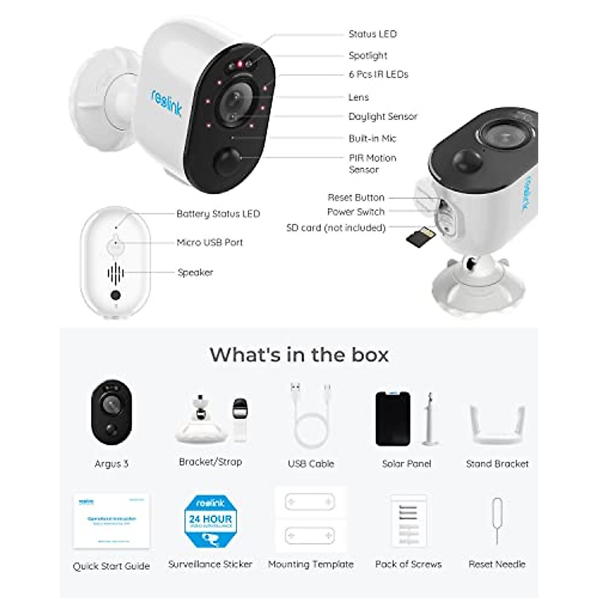 REOLINK Security Camera Outdoor, No Hub Needed, 2K Resolution, Wireless Battery Solar Powered, Color Night Vision with Spotlight, 2-Way Talk Live View, Built-in Siren, Argus 3 with Solar Panel