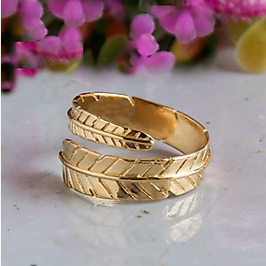 Adjustable Feather Ring - 14K Gold Plated over 925 Sterling Silver Customizable Open Ended Spiral Ring, Dainty Flexible Feather Ring, Wrap and Fit to Every Finger, Handmade Jewelry Rings for Women