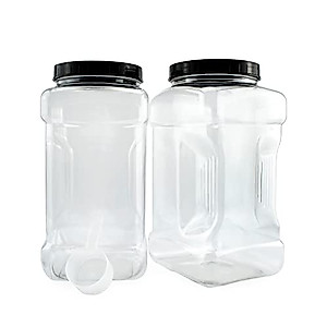 Cornucopia Square Gallon Size Clear Plastic Canisters (2-Pack); 4-Quart Jar Grip Containers w/ Plastic Scoops; BPA-Free