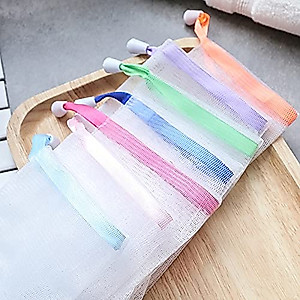 FULINJOY 10 PCS Exfoliating Mesh Soap Saver Pouch Bag Sack, Face Cleansing Foaming Nets, White Pouch with Drawstring (Color Random)