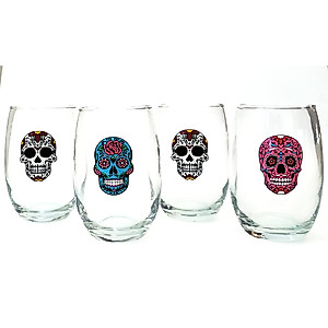 Skull Day of the Dead Glass Stemless Wine Glasses, Set of 4