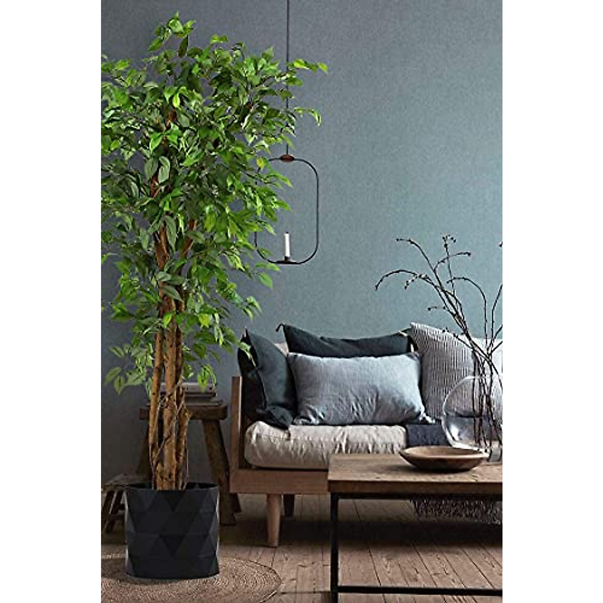 Deluxe 6 Feet Tall FICUS Silk Leaf Artificial Tree + 8" Base + 12" Plant Pot Skirt. 18 Feet of Vine Adorn Wide Real Trunks with Green Leaves Allowing Maintenance Free in-Door and Outdoor Use