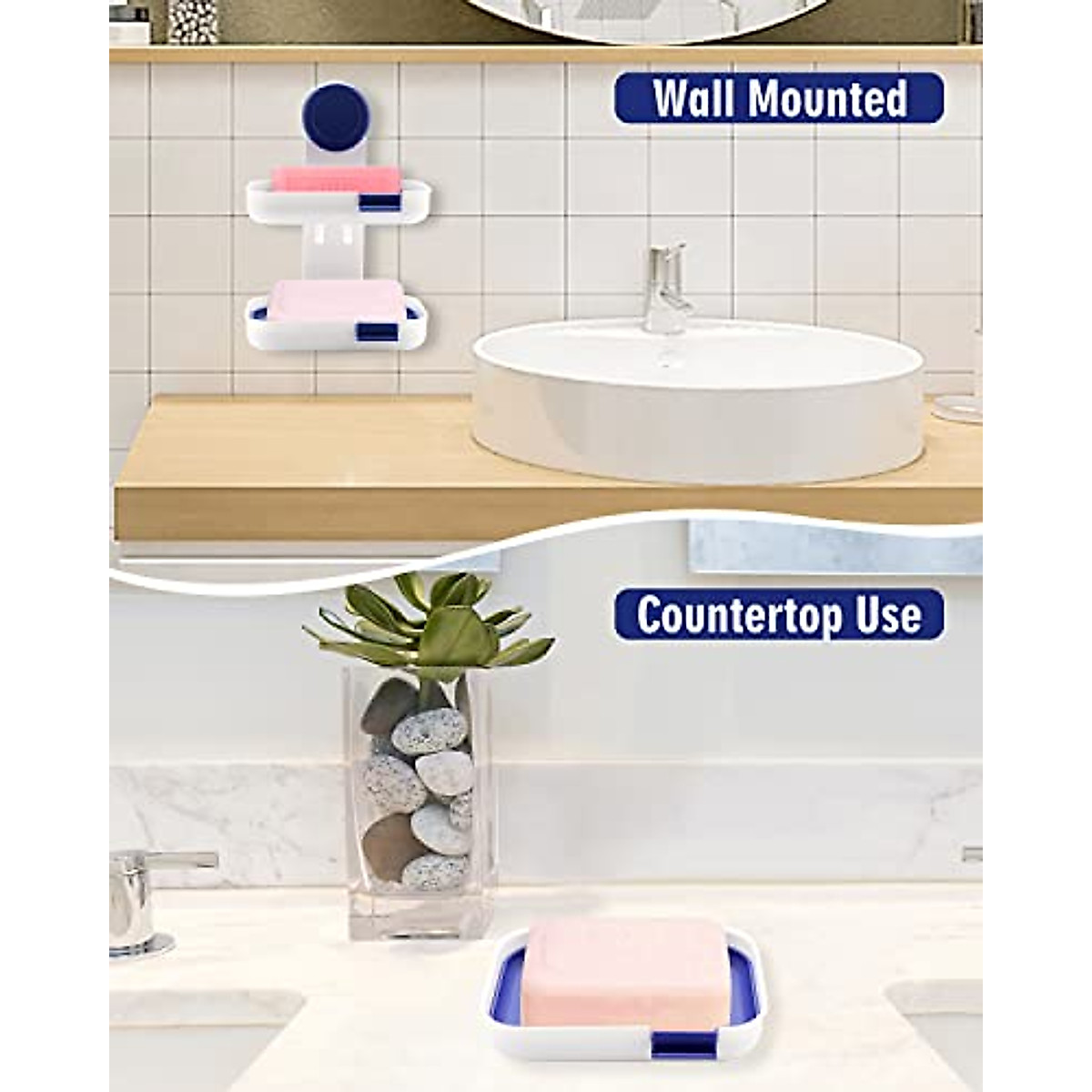 MOVNO Double Layer Soap Dish Soap Holder for Shower Wall, Sponge and Bar Soap Holder Saver for Bathroom Gadgets, Soap Container with Draining Tray Soap Case for Bathroom and Kitchen（Blue）