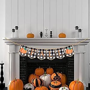 Doumeny Fall Pumpkin Burlap Banner Autumn Burlap Banner Buffalo Plaid Pumpkin Garland Thanksgiving Harvest Bunting Flag Rustic Burlap Harvest Banner Mantel Fireplace Decor