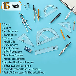 Mr. Pen Geometry Set with 6 Inch Swing Arm Protractor, Divider, Set Squares, Ruler, Compasses and Protractor, 15 Piece Set