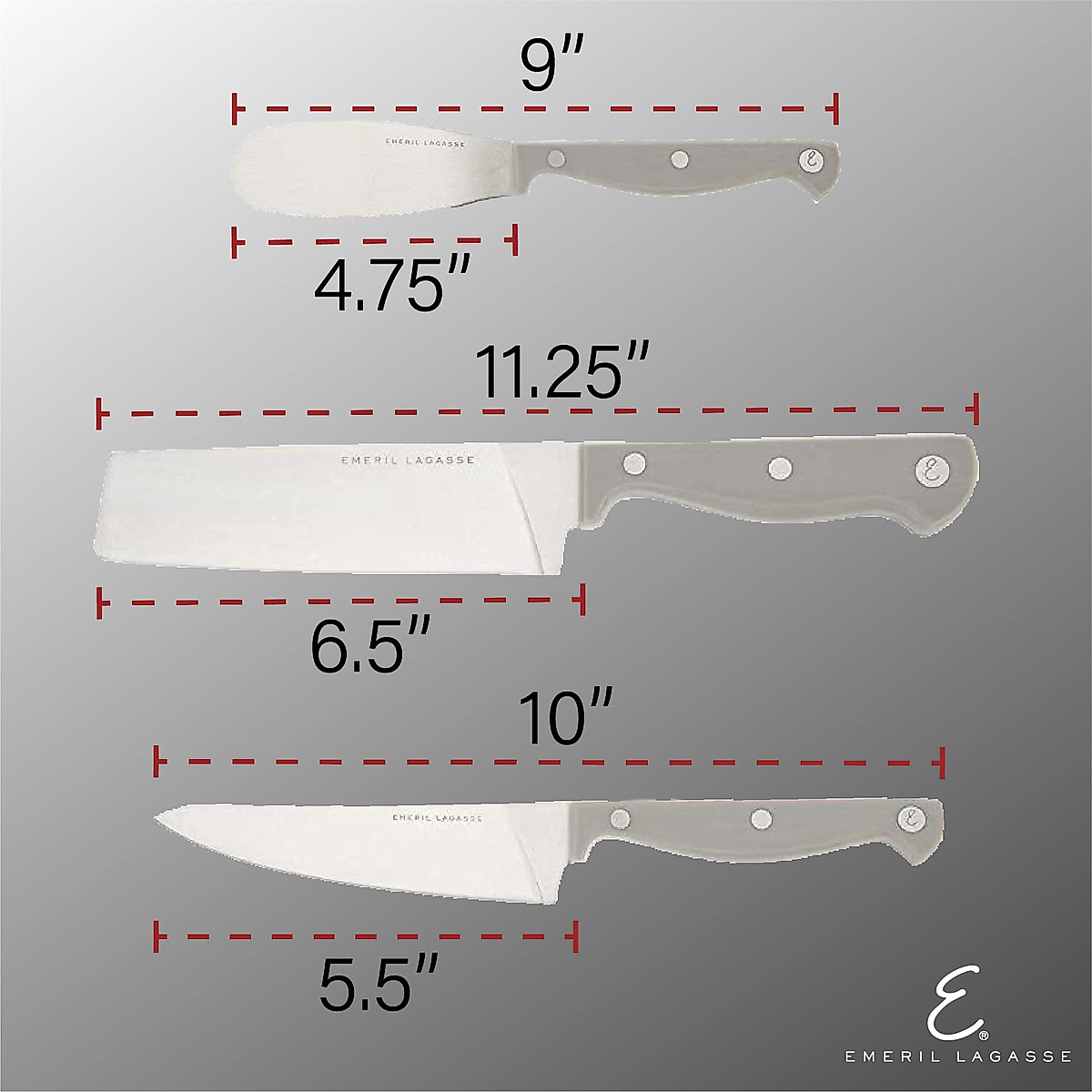 Emeril 3-Piece Specialty Cutlery Kitchen Knife Set (6.5" Nakiri, 5.5" Prep, & 4.75" Spreader Knives) (Grey)