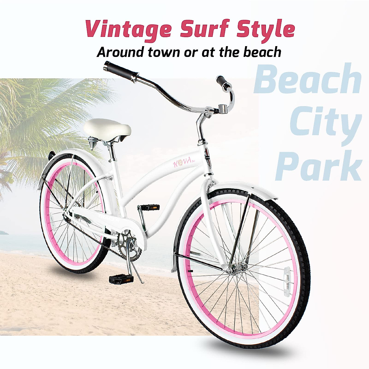 Tracer Nova Beach Cruiser Bike for Women,26 Inch Wheels,Hi Ten Steel Frame,1 Speed,Coaster Brake,Hybrid Bike for Adults,Complete Cruiser Bikes,White