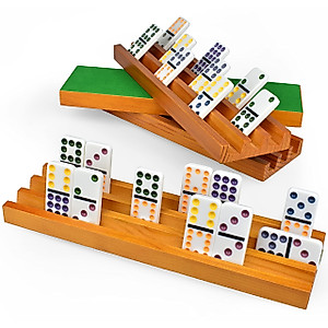 Queensell Domino Holders for Classic Board Games - Wooden Domino Racks Set of 4 - Mexican Train Dominoes Accessories - Domino Trays for Tiles Family Games (Large)