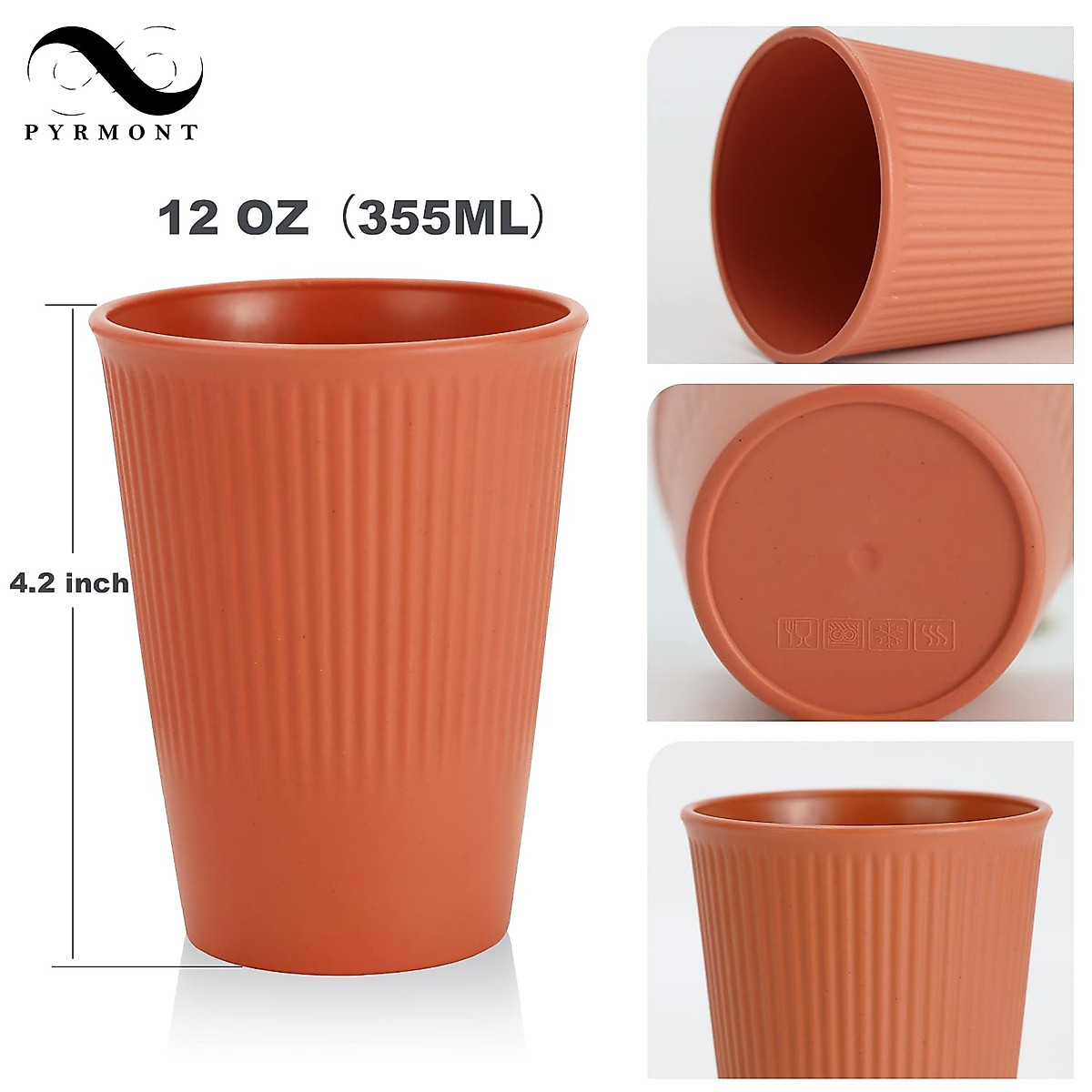 PYRMONT Wheat Straw Cups-8 Pack Plastic Cups Reusable,12 oz Unbreakable Kid Cups,Tumbler Cups for Kitchen,Drinking Cups, Small Water Cups,Plastic Cups Dishwasher Safe & BPA Free