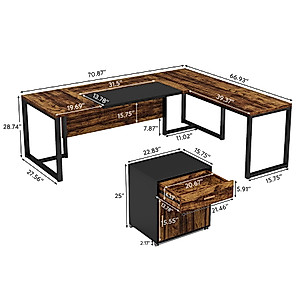 Tribesigns 70.8-Inch Executive Desk with File Cabinet, Large L Shaped Computer Desk with Storage Cabinet, L Shaped Desk with Drawer Cabinet, Rustic Brown & Black