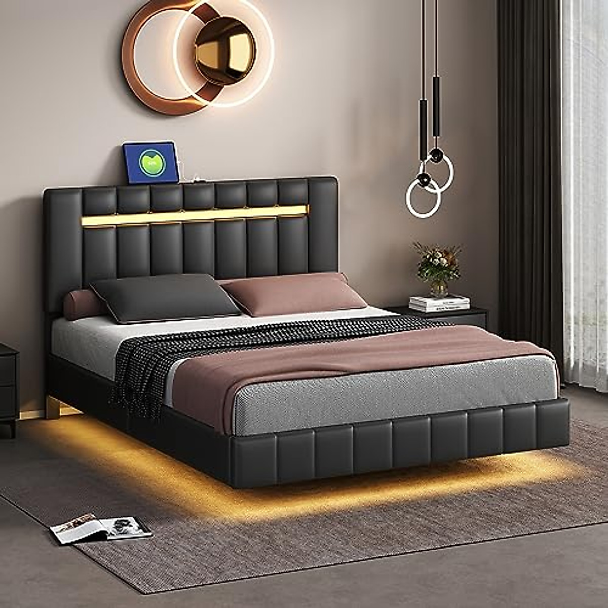 SIYSNKSI Modern Queen Size Upholstered Platform Bed, Floating Bed Frame with LED Lights and USB Charging, PU Leather Platform Bed for Kids Teens Adult Bedroom, No Box Spring Needed (Black-A032)