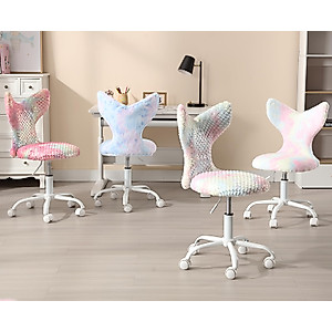 ZSARTS Cute Kids Desk Chair with Wheels Armless Swivel Study Chair with Mermaid Tail Back for Girls Faux Fur Adjustable Task Chair for Bedroom Home Office,Dark Colorful