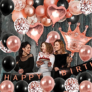 Rose Gold and Black Birthday Party Decorations with Happy Birthday Banner for Women Girls, Decor Set for Her, 16th 18th 21th 30th 40th 50th 60th 70th Supplies Balloons