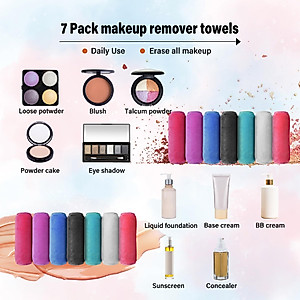Makeup Remover Cloth, 7 Colors Makeup Towels Face Washcloth, Makeup Remover Pads Reusable Washable, Facial Cloths Clean Towels for Face Eye Skincare, With Travel Mesh Bag, 6 * 6 inches, 7 Pack