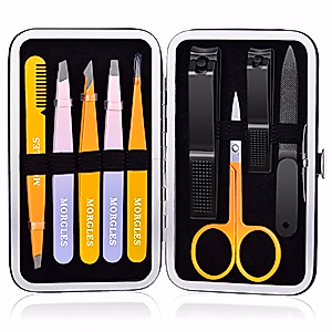 Tweezer Set with Nail Clippers, MORGLES Tweezers Set, Professional Nail Clippers and Tweezer Kit for Women and Men with Leather Travel Case, 9 Pack