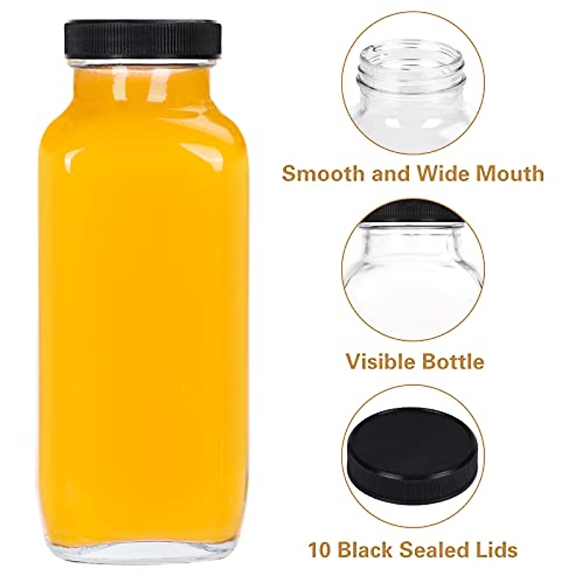 Moretoes 6 Pack 16oz Glass Juice Bottles with Lids Reusable Glass Square Beverages Drinking Jars with Tamper-proof Black Caps for Travel Milk Water Tea Honey Kombucha Smoothie Boba