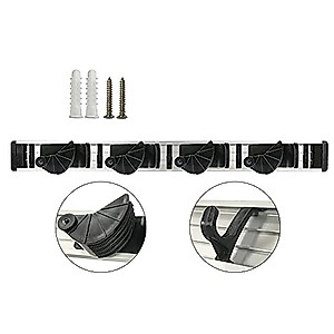 L-KEE Mop Rack Wall Mount, Mop Holder Organizer with 4 Racks 5 Hooks, Aluminum Alloy Broom Holder, Multifunctional Mop Rack for Cleaning Tool in Storage Garage Home Garden Office