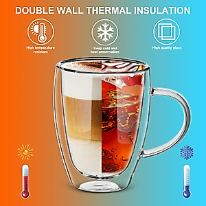 Set of 4 Cappuccino Glass Mugs,Double Wall Insulated Coffee Mugs,Clear Glass Mugs with Handle,Glass Coffee Cups,Perfect for Latte, Americano, Espresso,Cappuccinos,Tea, Beverage(350ml /11.84oz)