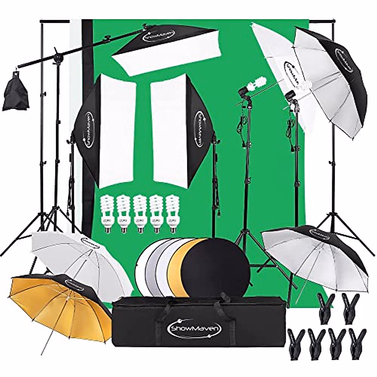 ShowMaven Photography Lighting Kit, Softbox Light Kit with 6.5ft x 10ft Photography Backdrop Stand for Product Photography, Portrait Photography, Video Shooting Photography