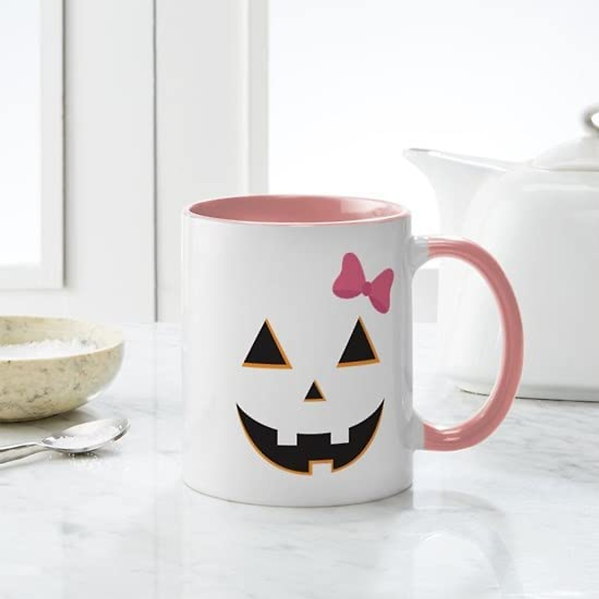 CafePress Pumpkin Face Pink Bow Mug Ceramic Coffee Mug, Tea Cup 11 oz