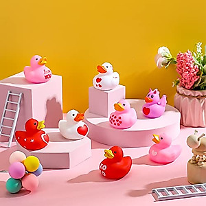 Leitee 48 Pieces Valentine Rubber Ducks Heart Rubber Ducks Red and Pink Valentine Ducks Valentines Day Party Favors Mini Ducks Bulk for Valentines Day Birthday Decoration, 8 Styles