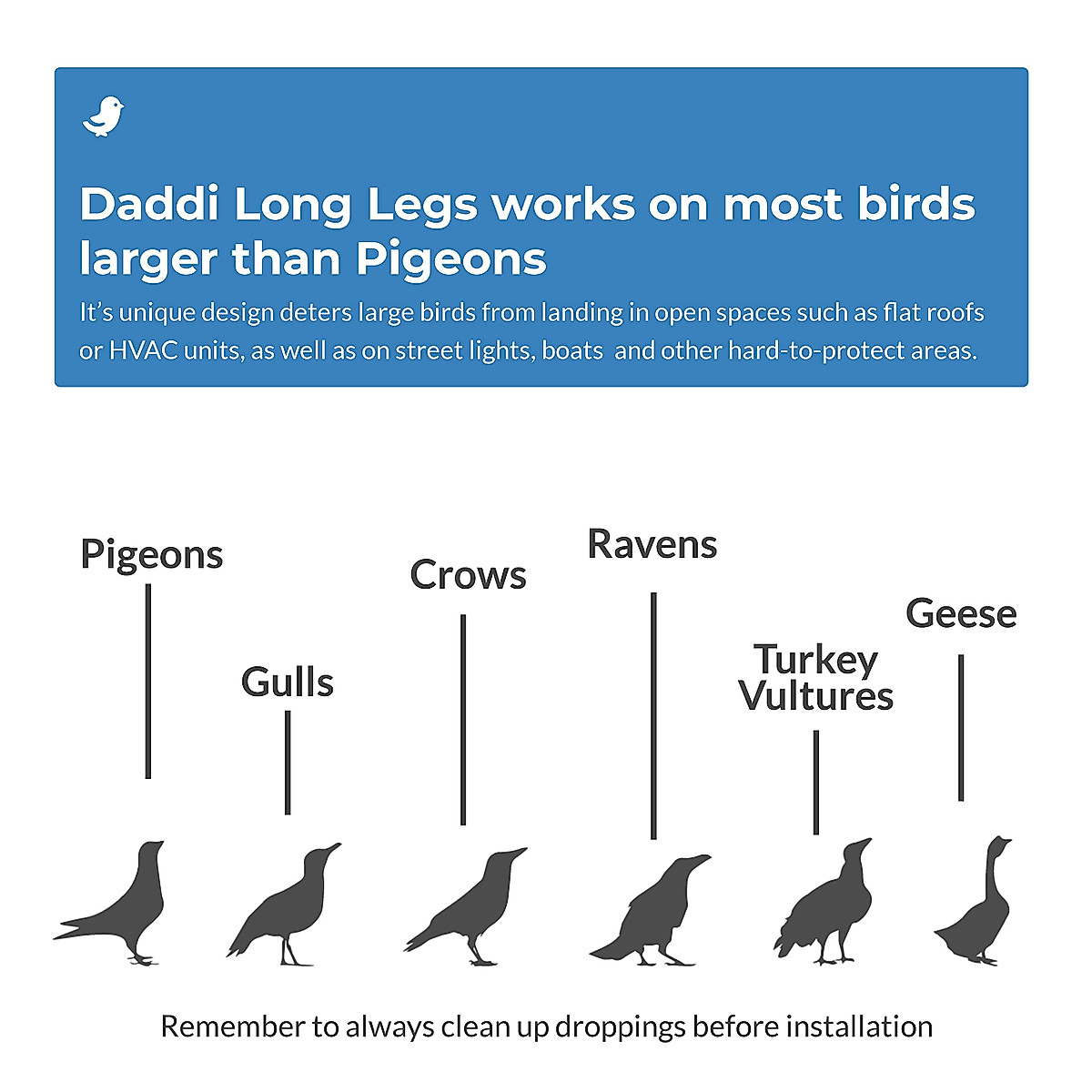 Bird Barrier Daddi Long Legs | 8-Ft Stainless Steel Bird Deterrent for Outside, HVAC, Boat, Docks - Effective Bird Repellent for Seagull, Pigeon, Woodpeckers, Ducks, and Large Birds | Scare Birds Away